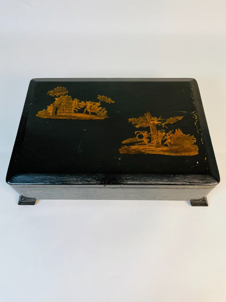 Beautiful Antique Chinese Black Lacquer Box With Gold Painting, Divide ...