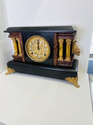 Ingraham 1911 Curfew Mantle Clock W/4 Pillars, Black Case Gold Accents ...
